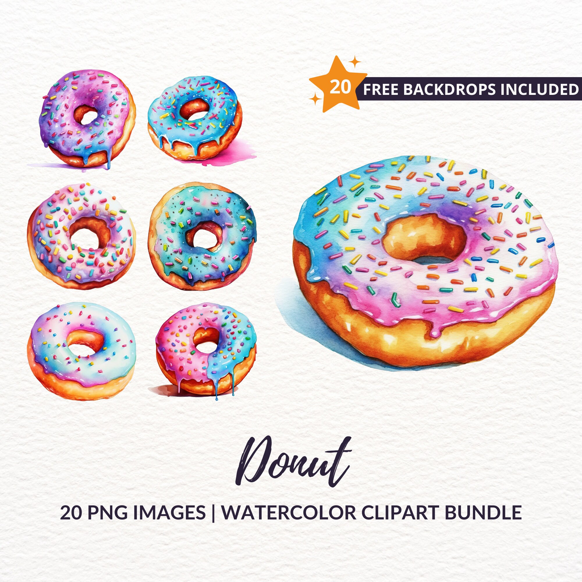 Watercolor Donut Clipart Bundle 20 Party Dessert PNG Graphics, Instant ...