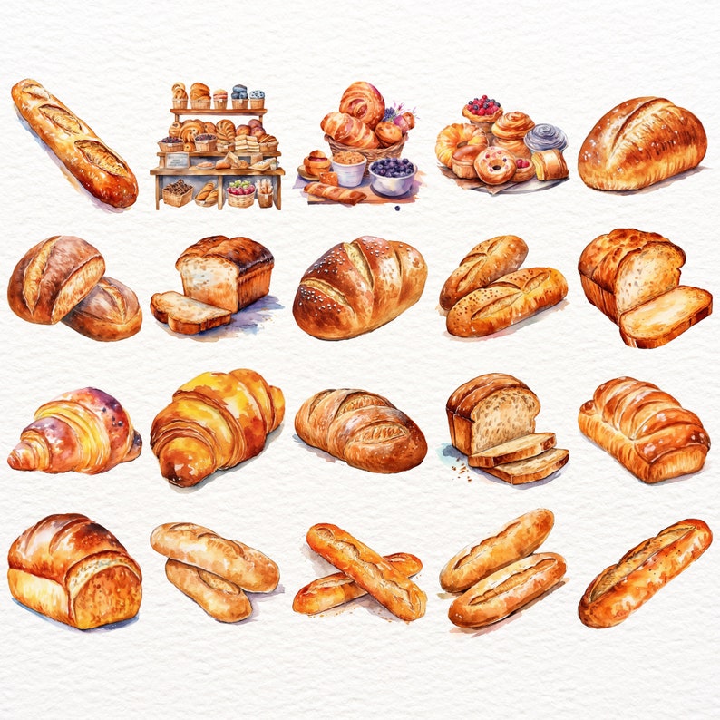 Watercolor Bread Bakery Clipart Bundle - 20 Baked Goods Pngs for ...