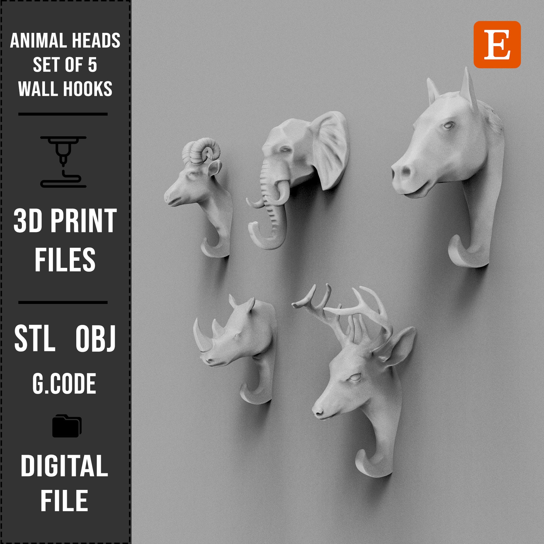 Animal Heads SET OF 5 Wall Hooks 3D Printing STL File, Animal Hangers ...