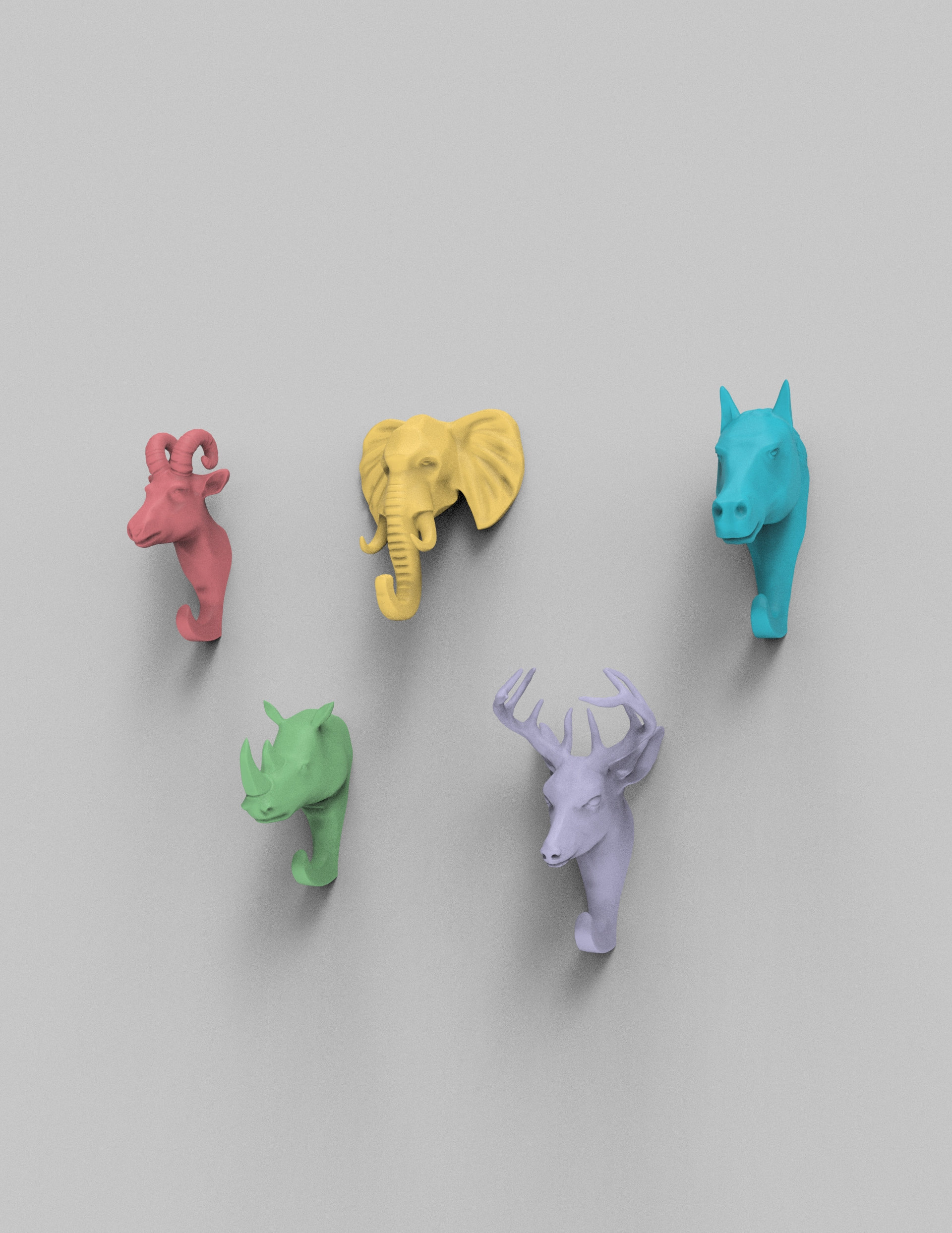 Animal Heads SET OF 5 Wall Hooks 3D Printing STL File, Animal Hangers ...