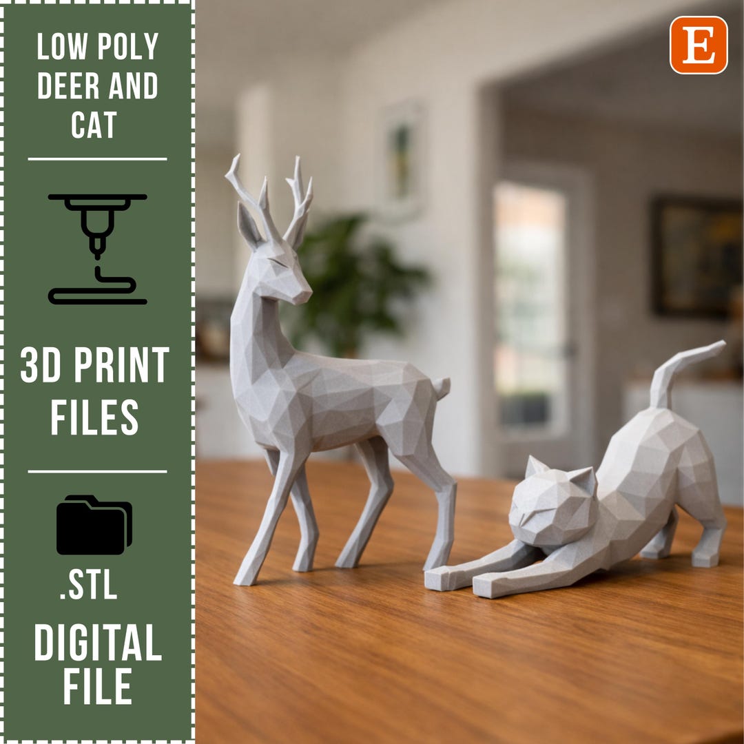 3D Print Files, Geometric Low Poly Deer AND Cat Sculpture, STL File for ...