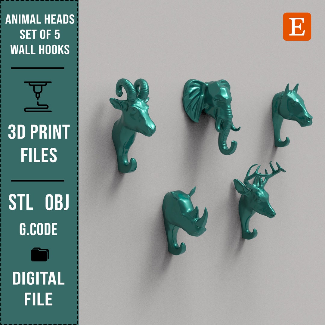 Set of 5 Animal Heads Wall Hooks 3D Printing STL File – Animal Hangers ...