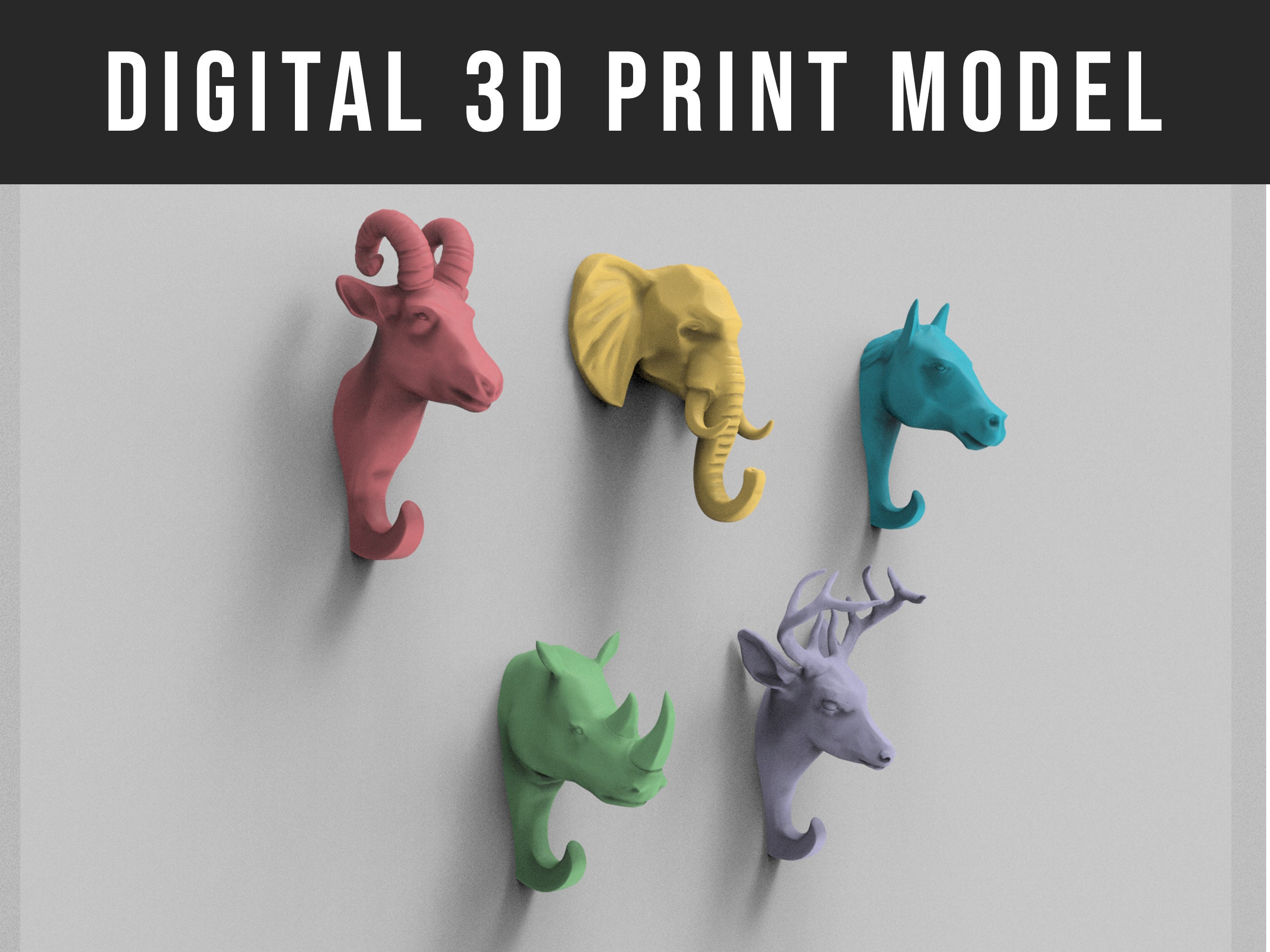 Animal Heads SET OF 5 Wall Hooks 3D Printing STL File, Animal Hangers ...
