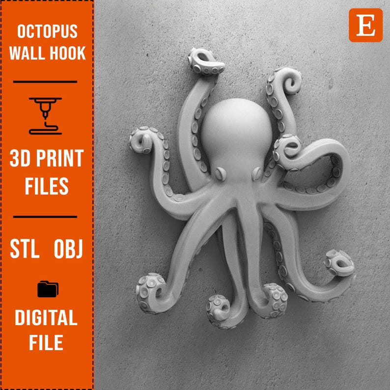 Octopus Wall Hooks STL Files, Wall Mounted Animal Hook Door Hanger 3D ...