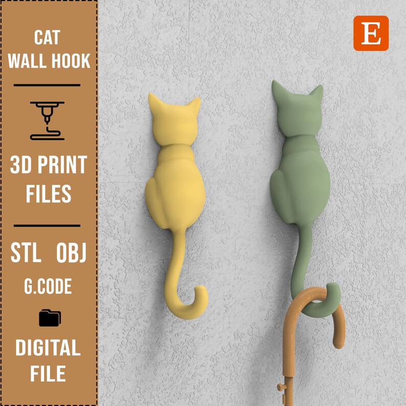 3D Printable STL File, Cat Wall Hook 3D Print Model, 3D Digital STL File, 3D Animals Model ...