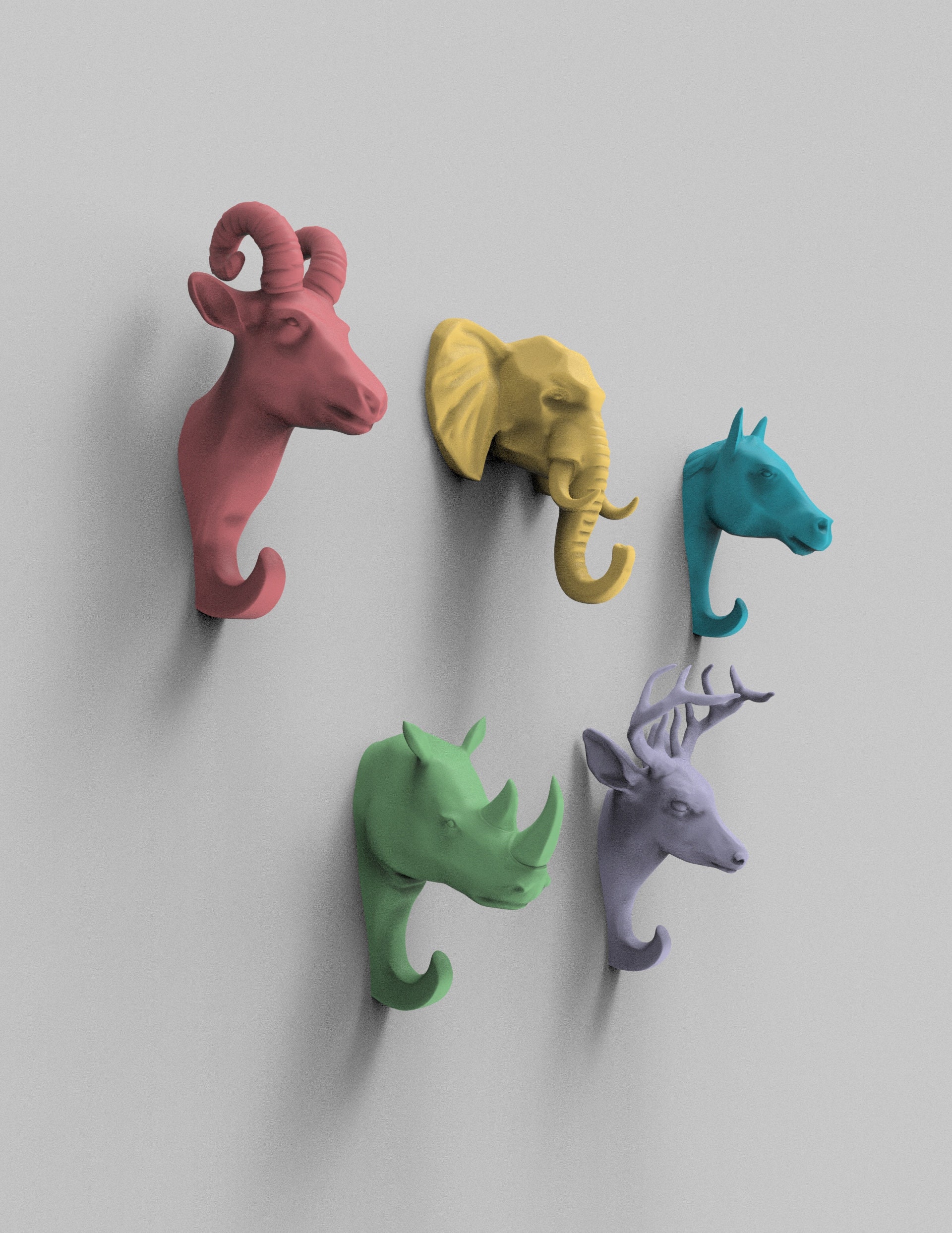 Animal Heads SET OF 5 Wall Hooks 3D Printing STL File, Animal Hangers ...