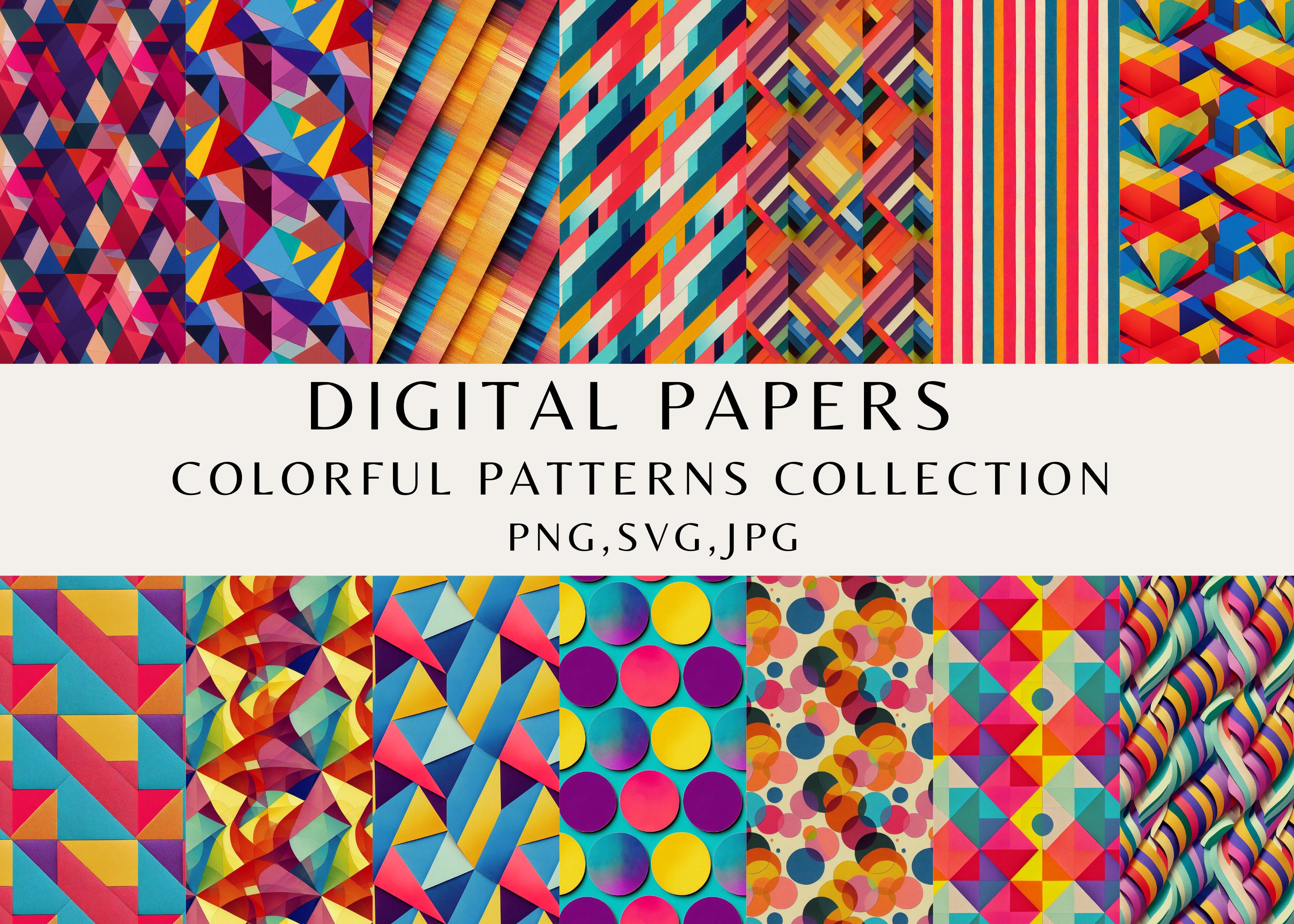Colorful Patterns Digital Paper PNG, JPG Commercial Use, Instant ...