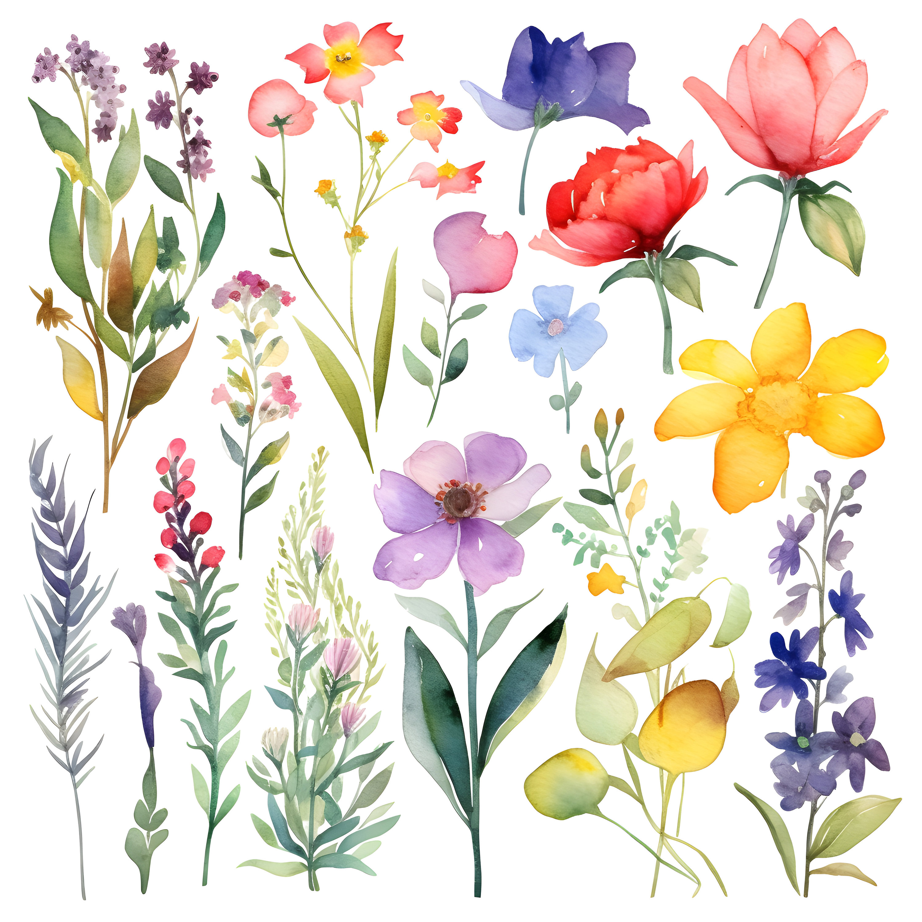 Wild Flowers Watercolor Clipart, Wild Flowers Bundle Clipart, Botanical ...