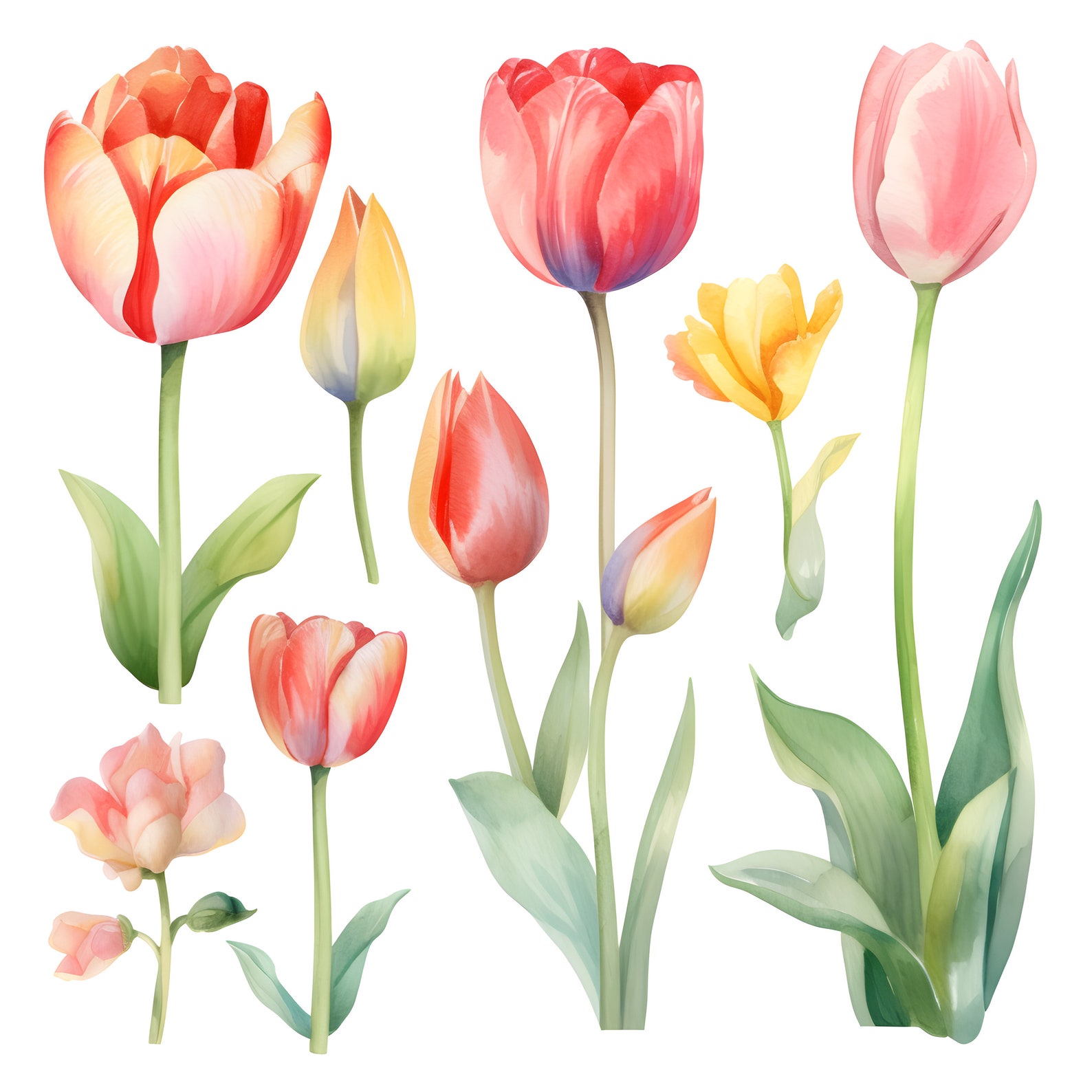 Tulips Watercolor Clipart, Tulips Bundle Clipart, Botanical Clipart ...