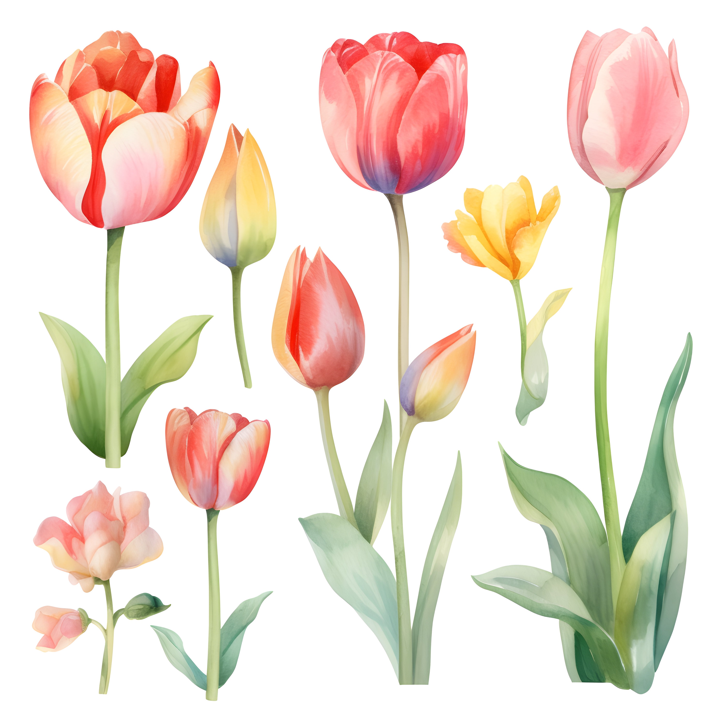 Tulips Watercolor Clipart, Tulips Bundle Clipart, Botanical Clipart ...