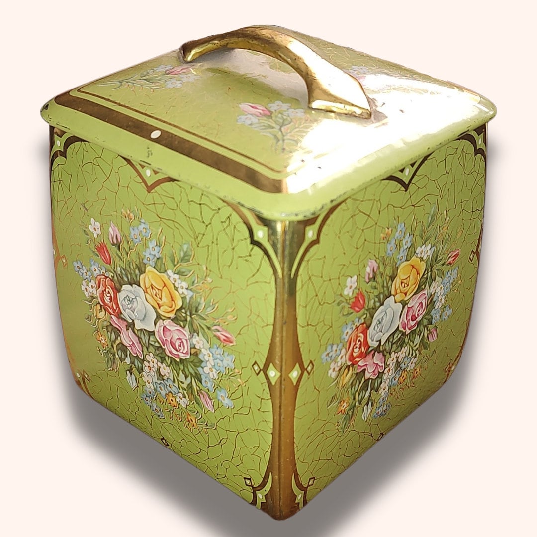 Vintage Decorative Tin Metal Container in Floral Green & Gold Made in ...