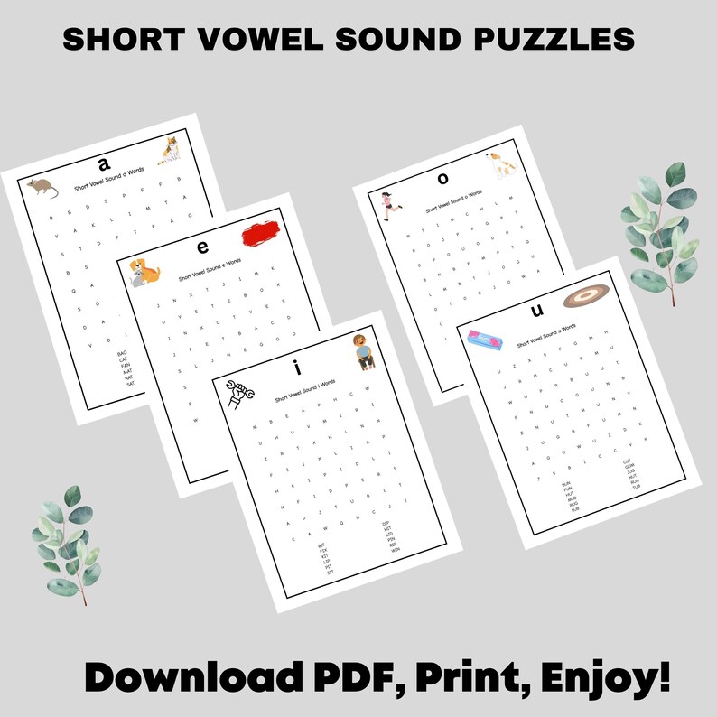 5 Word Search Puzzles With Short Vowel Sound Words aeiou - Etsy