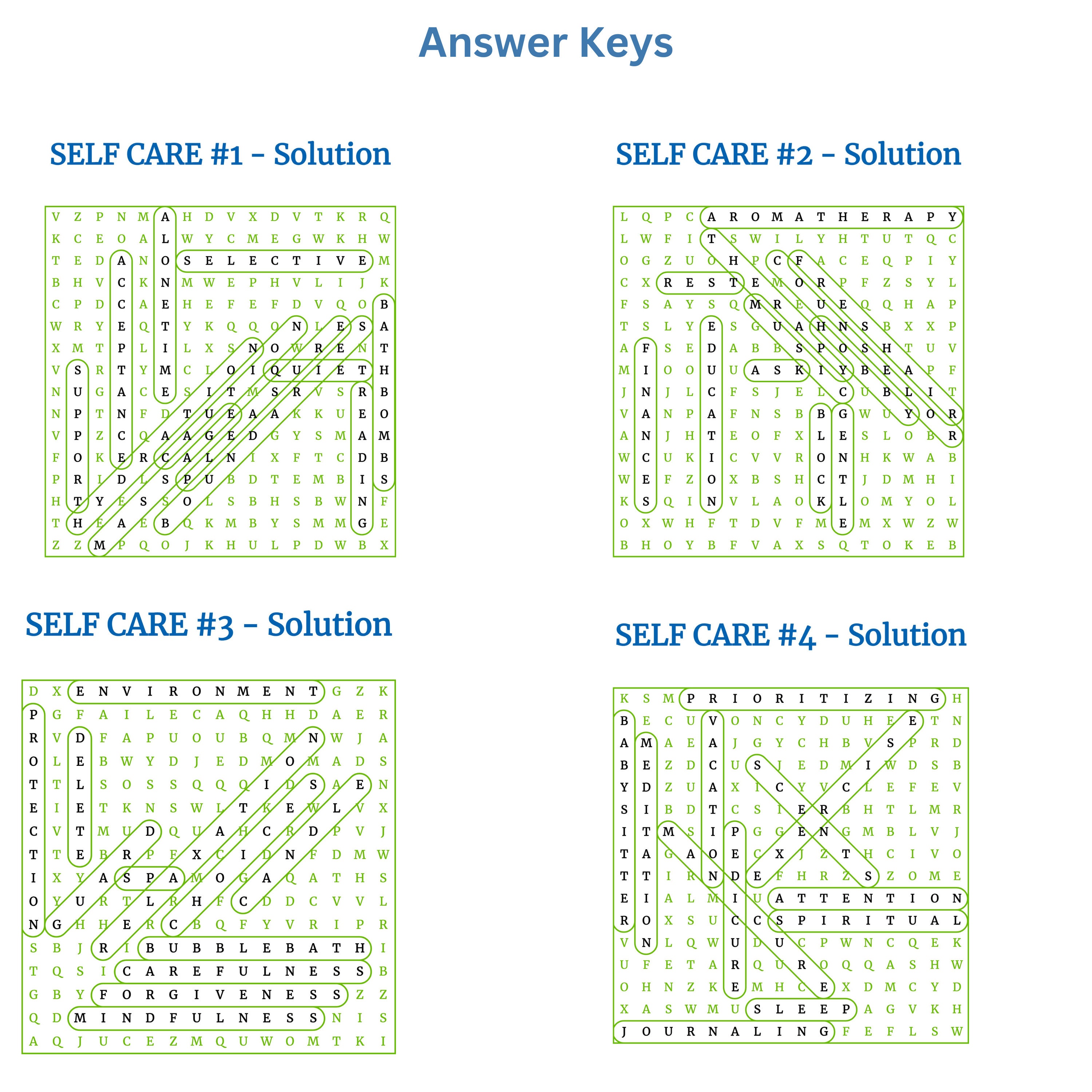 Four Self Care Printable Word Searches Mental Health Party With Friends ...