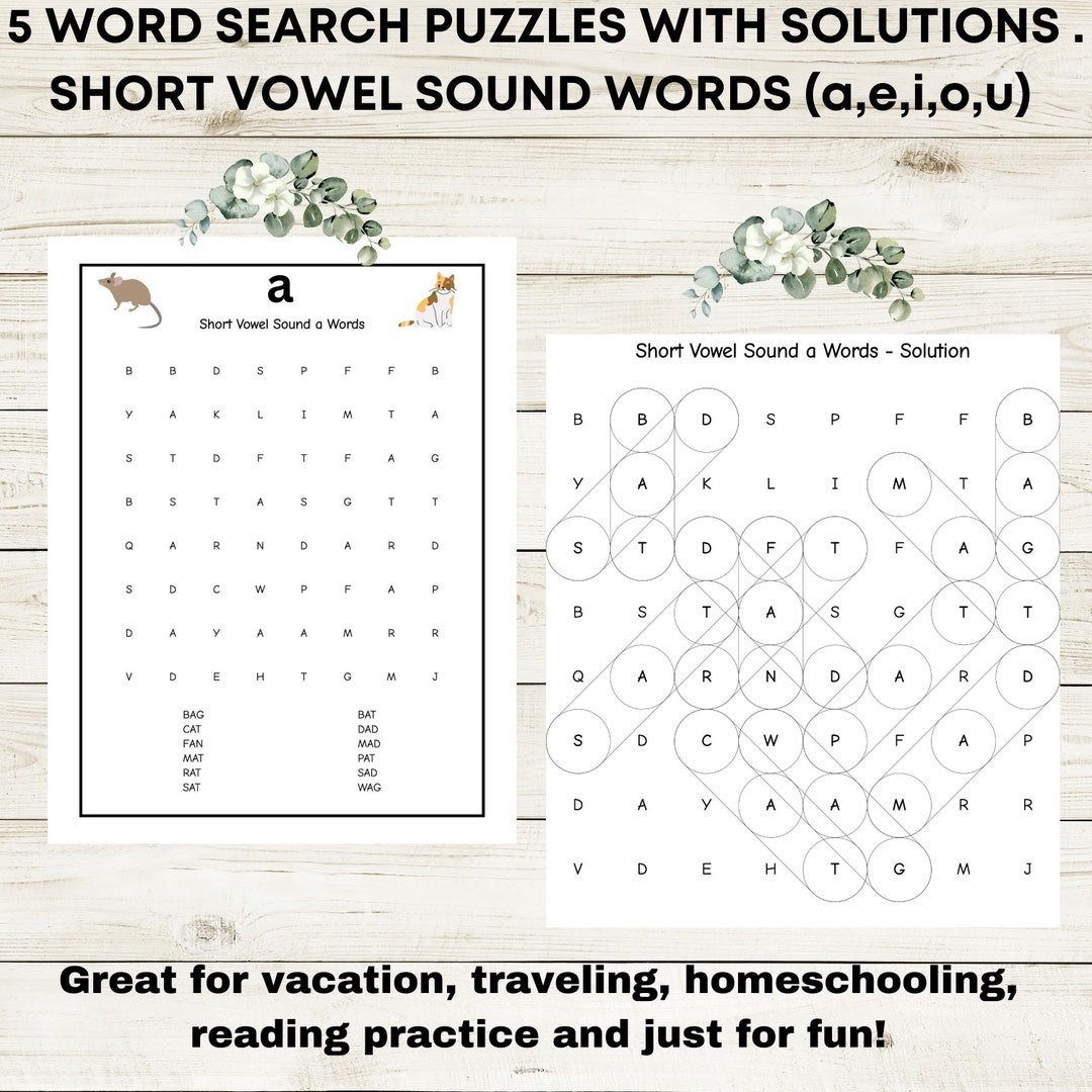 5 Word Search Puzzles With Short Vowel Sound Words aeiou - Etsy