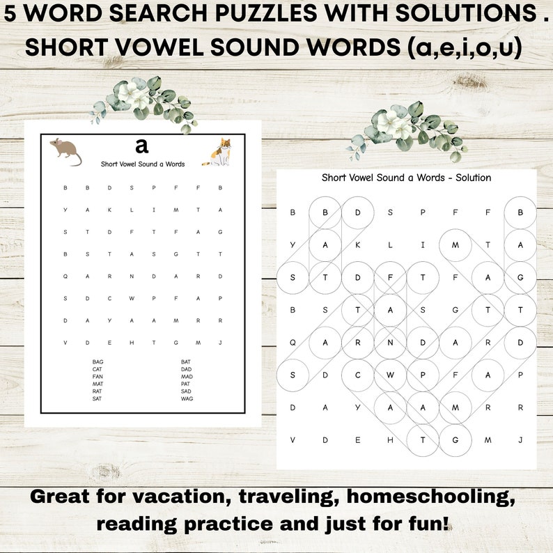 5 Word Search Puzzles With Short Vowel Sound Words aeiou - Etsy