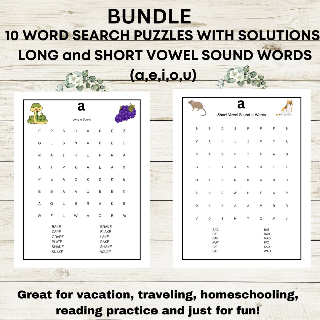 Bundle 10 Word Search Puzzles With LONG and SHORT Vowel Sound Words (a ...