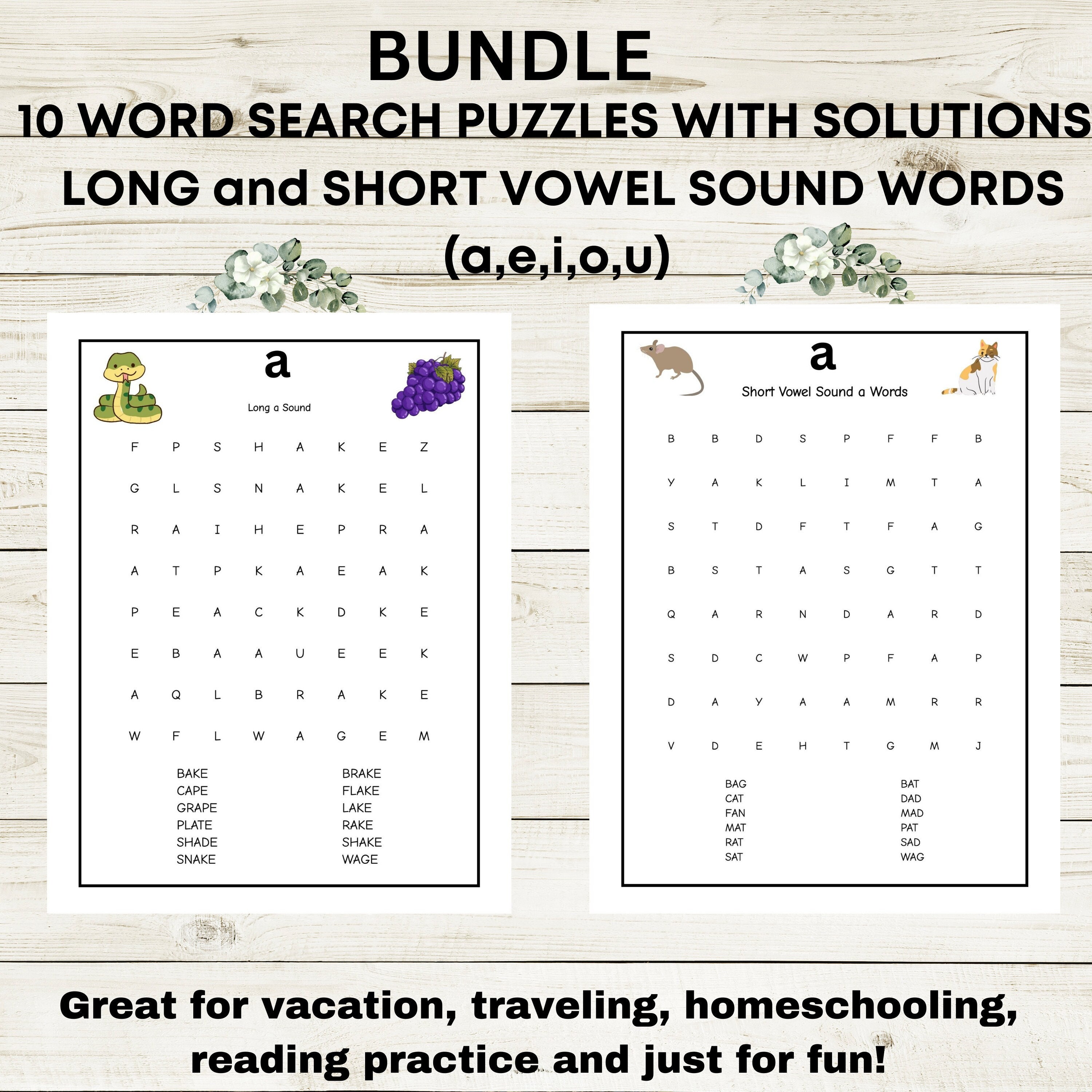 Bundle 10 Word Search Puzzles With LONG and SHORT Vowel Sound Words (a ...