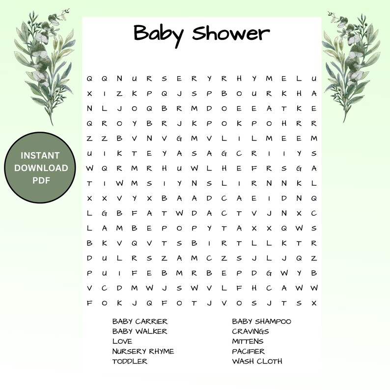 Baby Shower Word Search | Baby Shower Activity L Baby Shower Game L ...