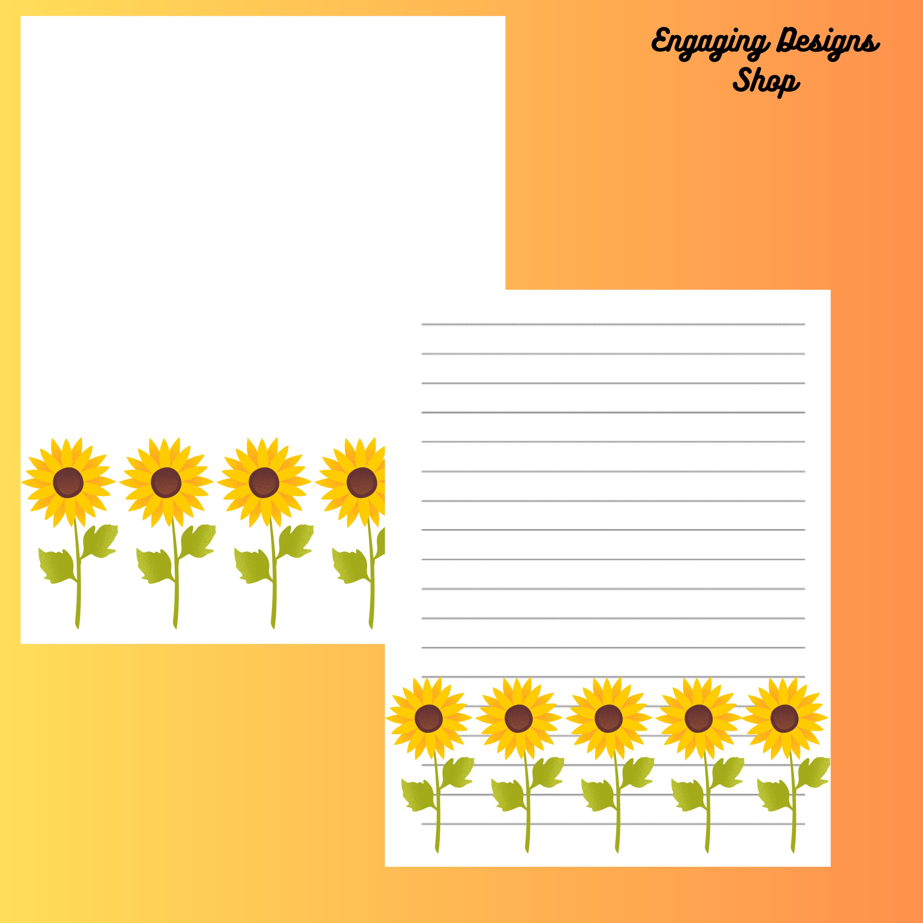Sunflower Themed Stationery, Printable Spring Stationery, Lined and ...
