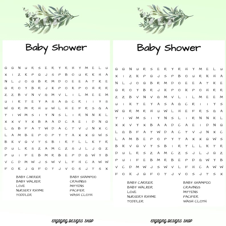 Baby Shower Word Search | Baby Shower Activity L Baby Shower Game L ...
