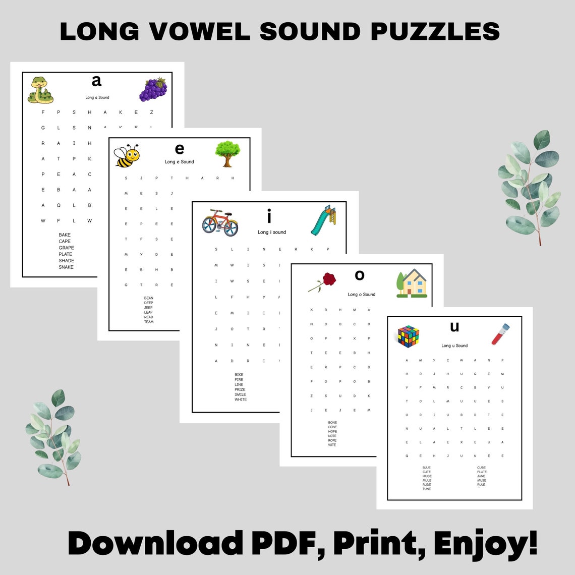 5 Word Search Puzzles With LONG Vowel Sound Words a,e,i,o,u L Vowel ...