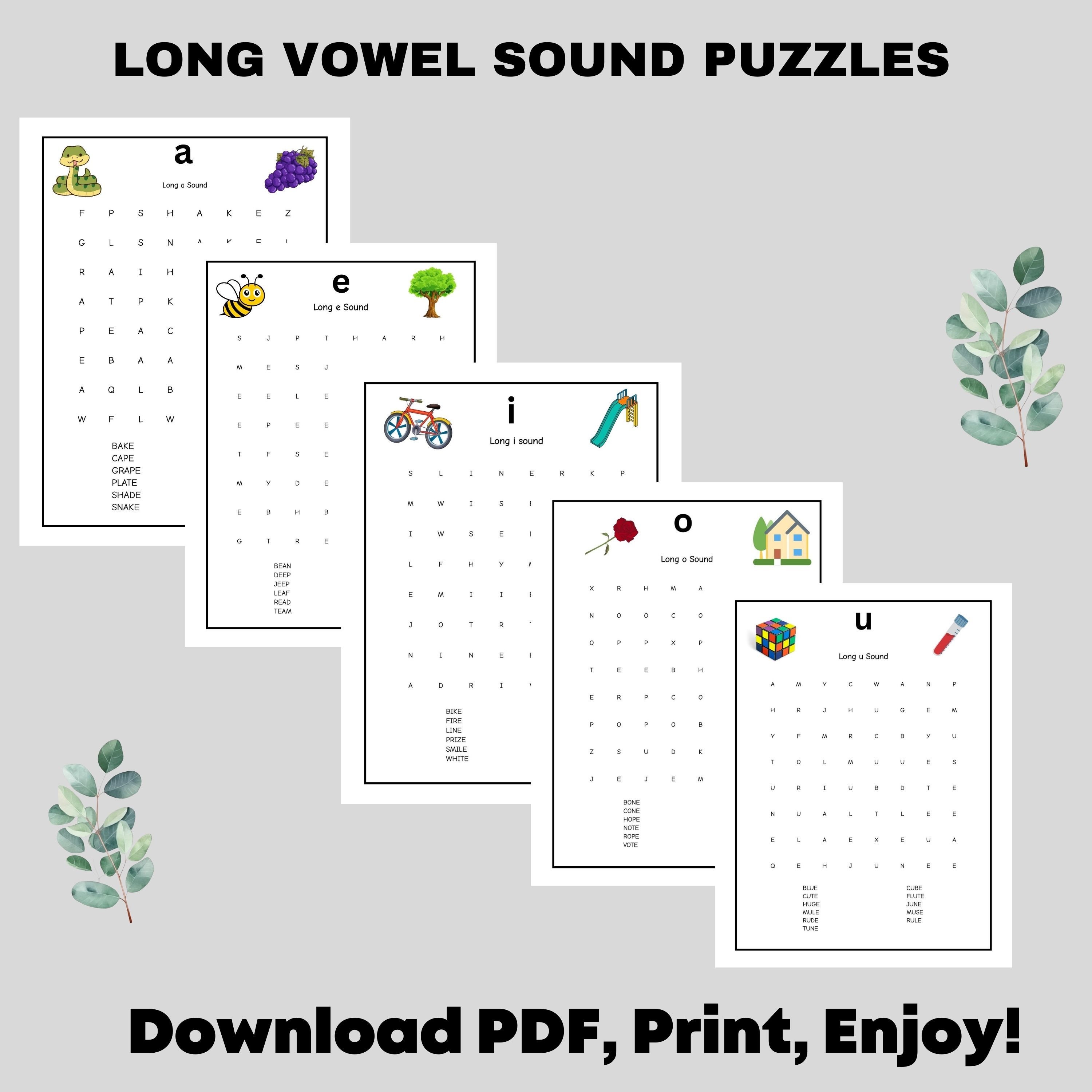 5 Word Search Puzzles With LONG Vowel Sound Words (a,e,i,o,u) L Vowel ...