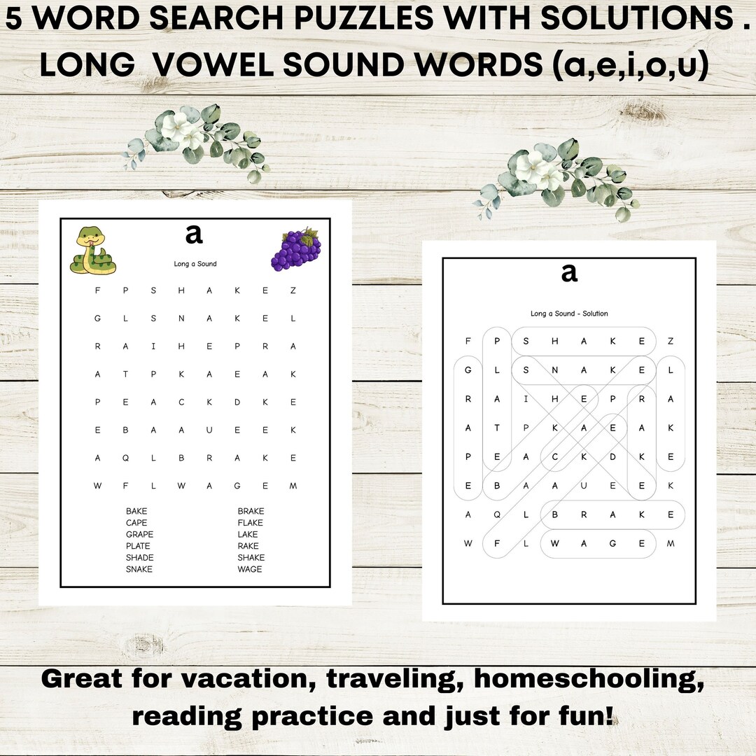 5 Word Search Puzzles With LONG Vowel Sound Words (a,e,i,o,u) L Vowel ...