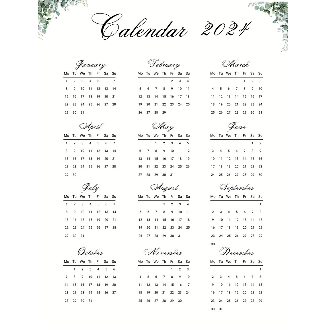 2024 Calendar-download one Page greenery Minimalist - Etsy