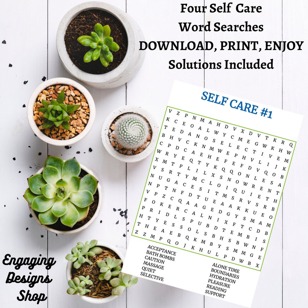 Four Self Care Printable Word Searches Mental Health Party With Friends ...