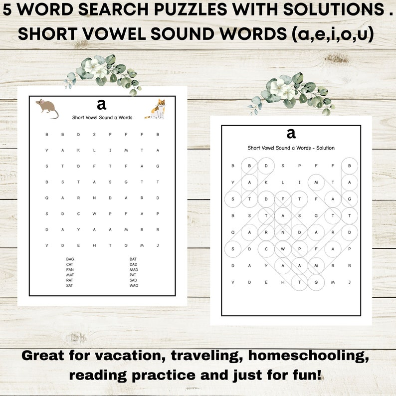 5 Word Search Puzzles With Short Vowel Sound Words a,e,i,o,u L Vowel ...