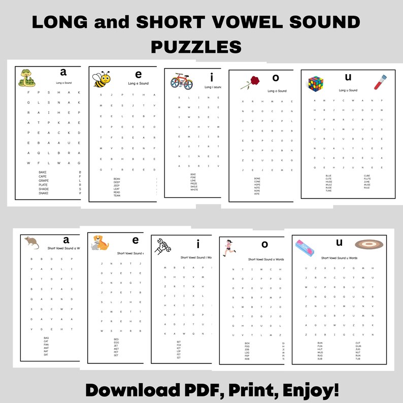Bundle 10 Word Search Puzzles With LONG and SHORT Vowel Sound Words (a,e,i,o,u) L Vowel Sound ...