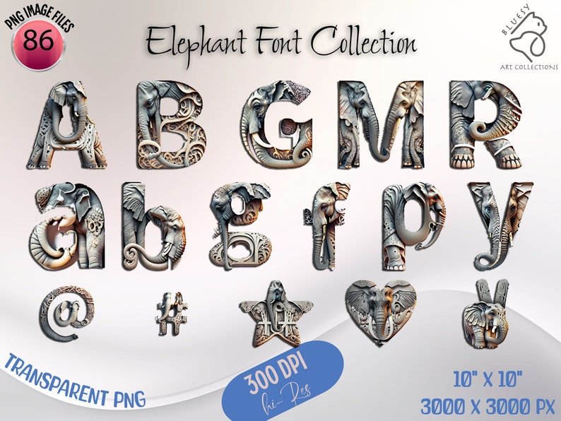 Cute Elephant Font Bundle, Animal Alphabet Clipart, Animals PNG, Kids ...