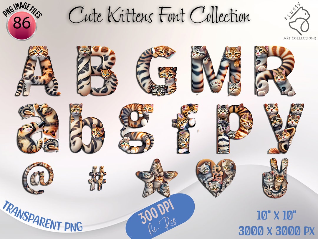 Cute Kittens Font Bundle, Animal Alphabet Clipart, Animals PNG, Kids ...