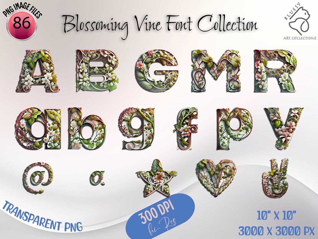 Blossoming Vine Font Bundle, Floral Alphabet PNG, Flower Sublimation ...