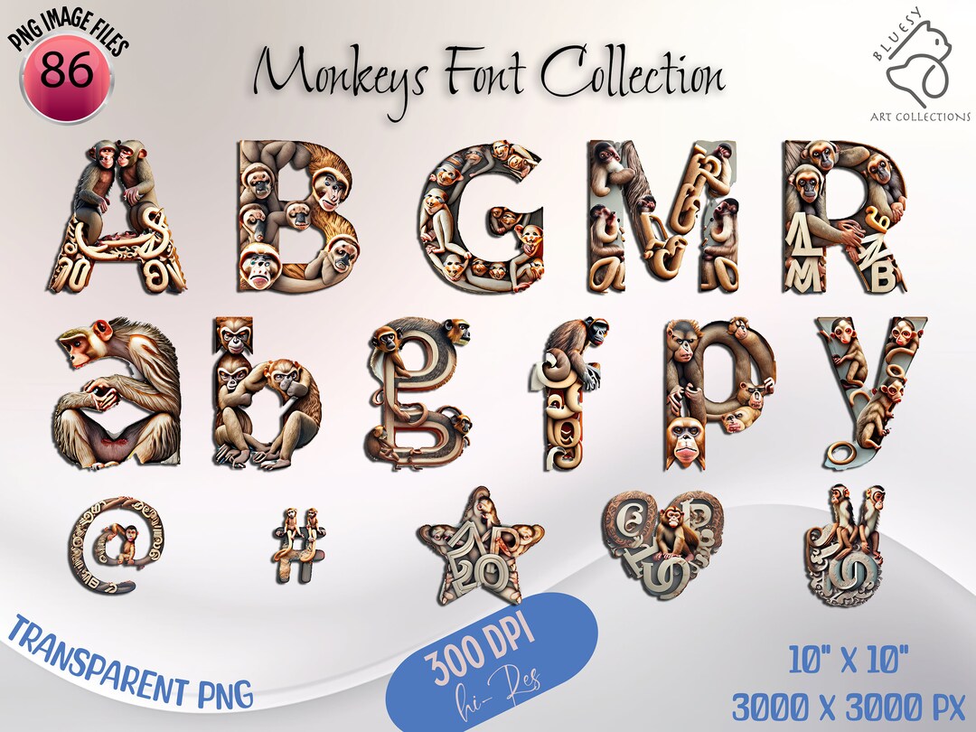 Cute Monkeys Font Bundle, Animal Alphabet Clipart, Animals PNG, Kids ...