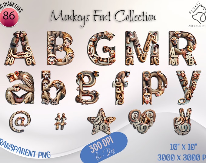 Monkey Clipart Alphabet Letters PNG for Commercial Use Font Bundle ...