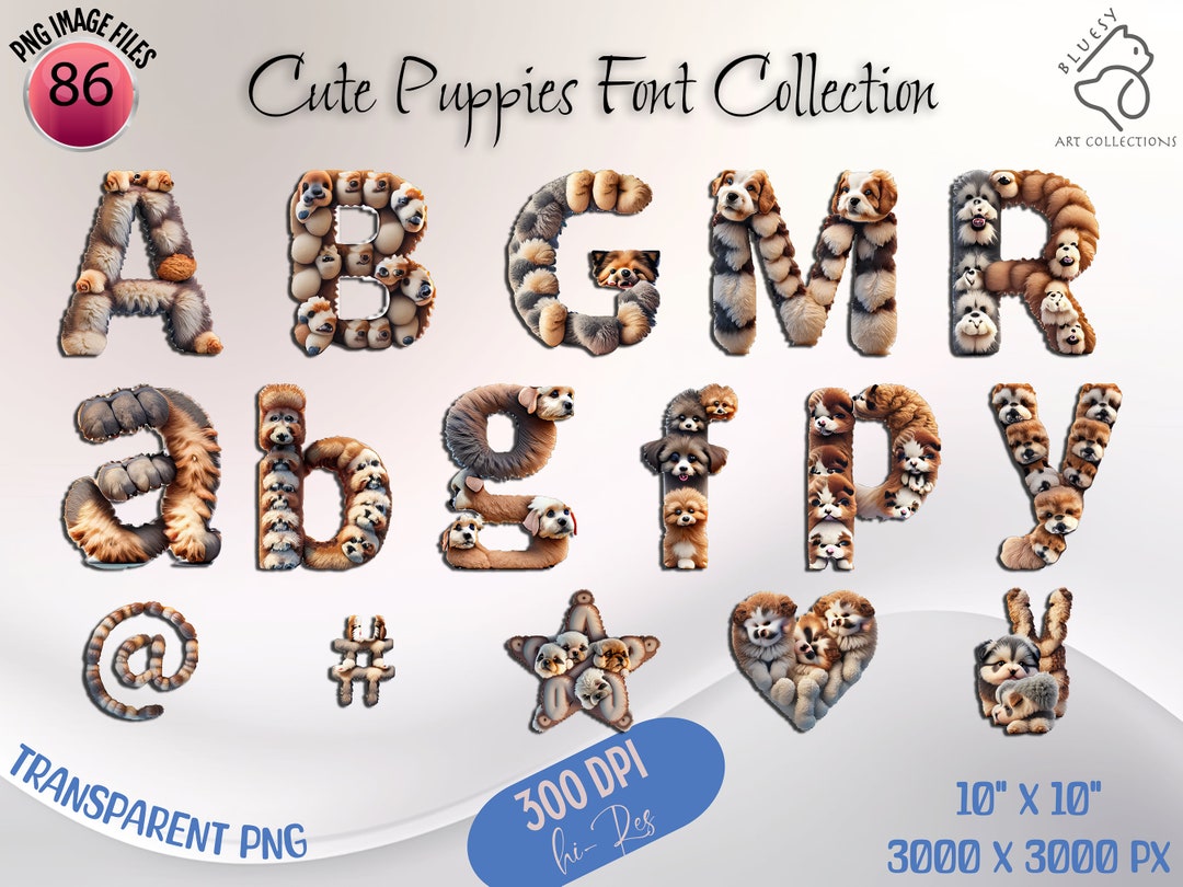 Cute Puppies Font Bundle, Animal Alphabet Clipart, Animals PNG, Kids ...
