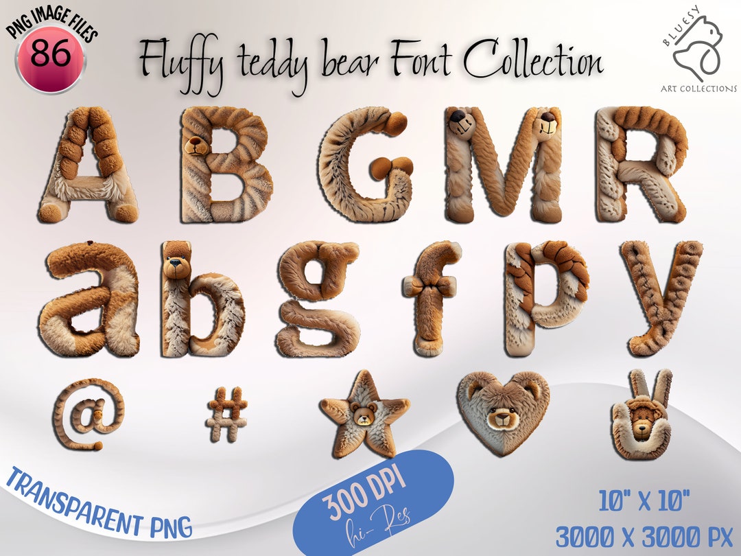 Fluffy Teddy Bear Font Bundle, Nursery Alphabet PNG, Kids Birthday ...
