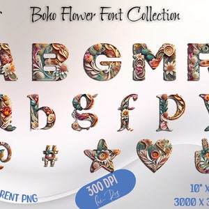 Boho Flower Font Bundle, Flower Alphabet Clipart, Floral PNG, Kids ...