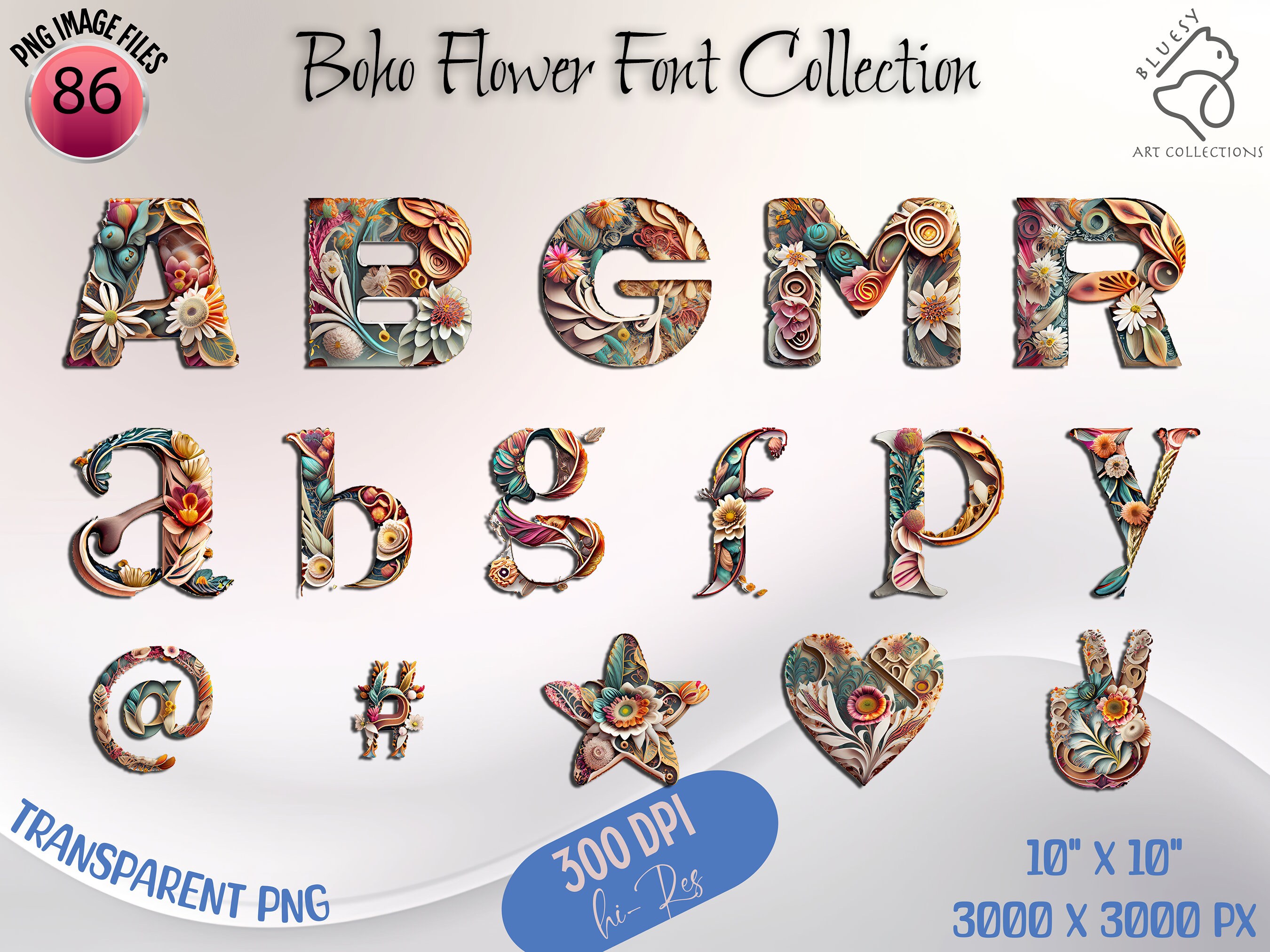 Boho Flower Font Bundle, Flower Alphabet Clipart, Floral PNG, Kids ...