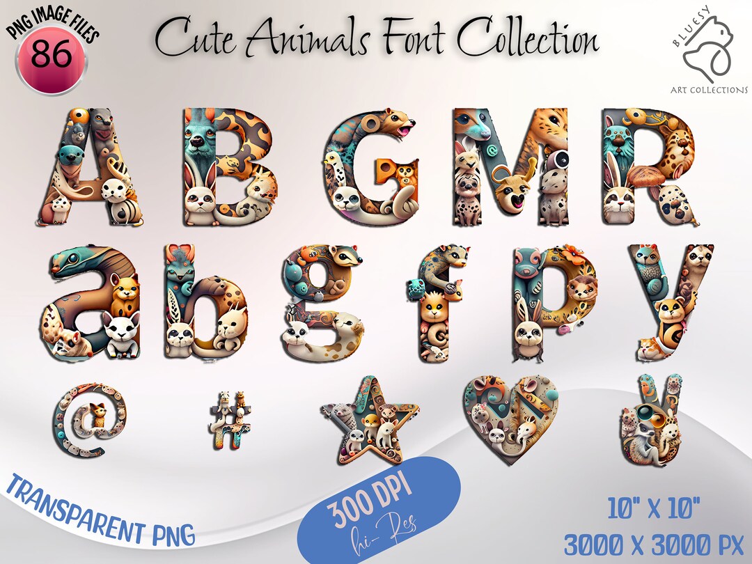 Cute Animals Font Bundle, Animal Alphabet Clipart, Animals PNG, Kids ...