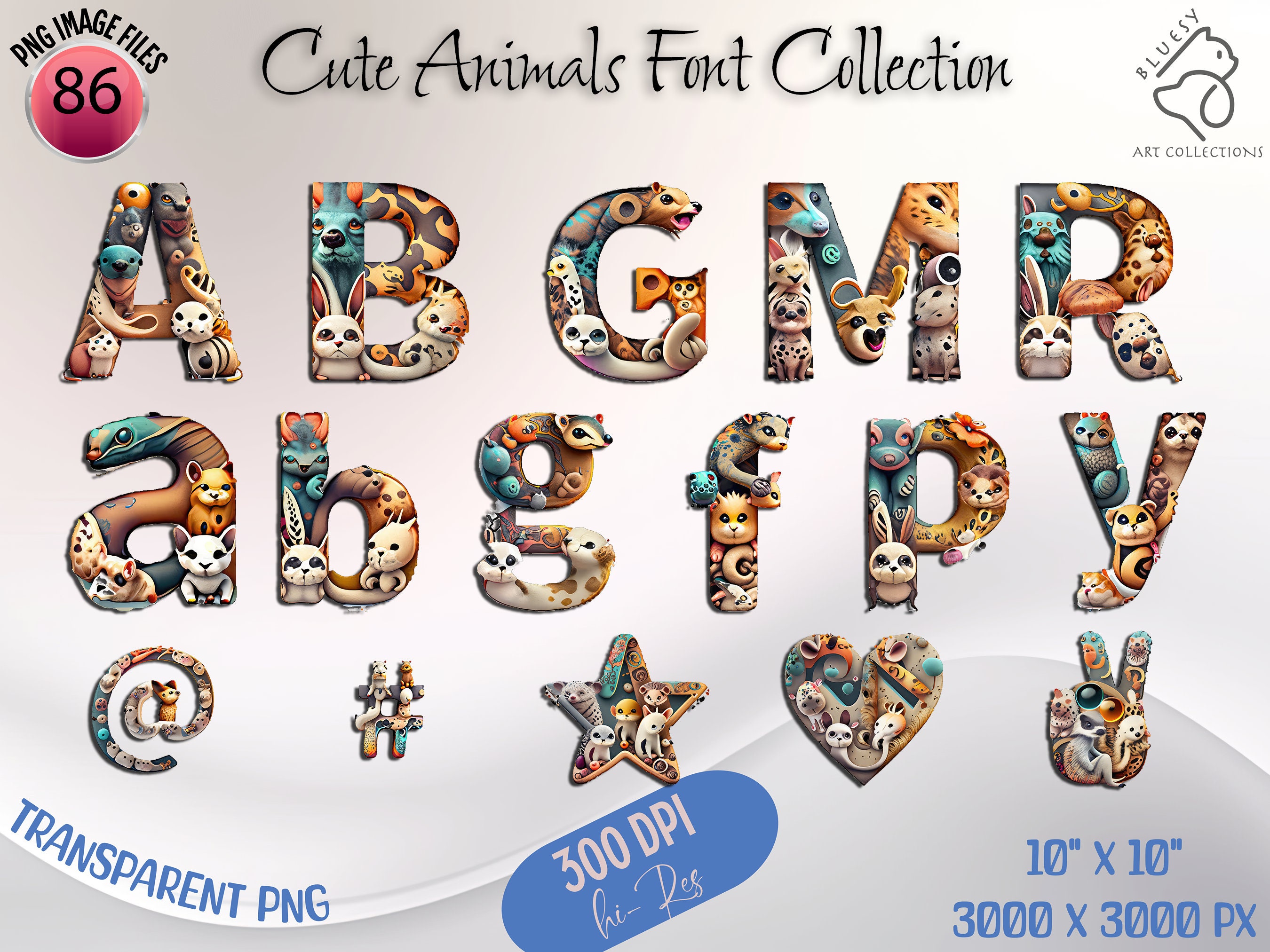 Cute Animals Font Bundle, Animal Alphabet Clipart, Animals PNG, Kids ...