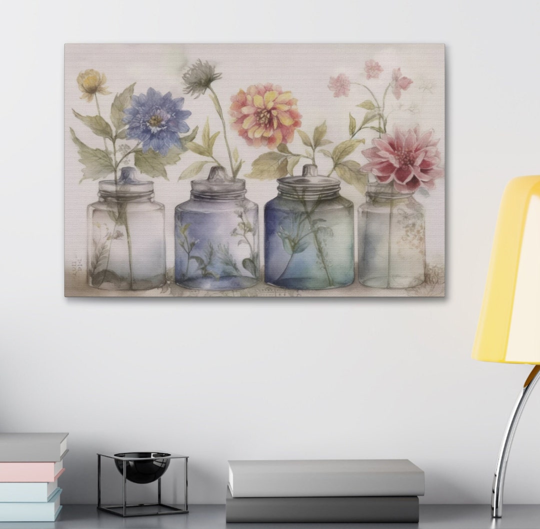 Watercolor Mason Jars, Floral Jar Art, Rustic Flower Print, Country ...