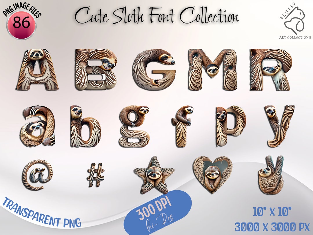 Cute Sloth Font Bundle, Animal Alphabet Clipart, Animals PNG, Kids ...