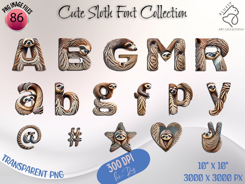 Cute Sloth Font Bundle, Animal Alphabet Clipart, Animals PNG, Kids ...