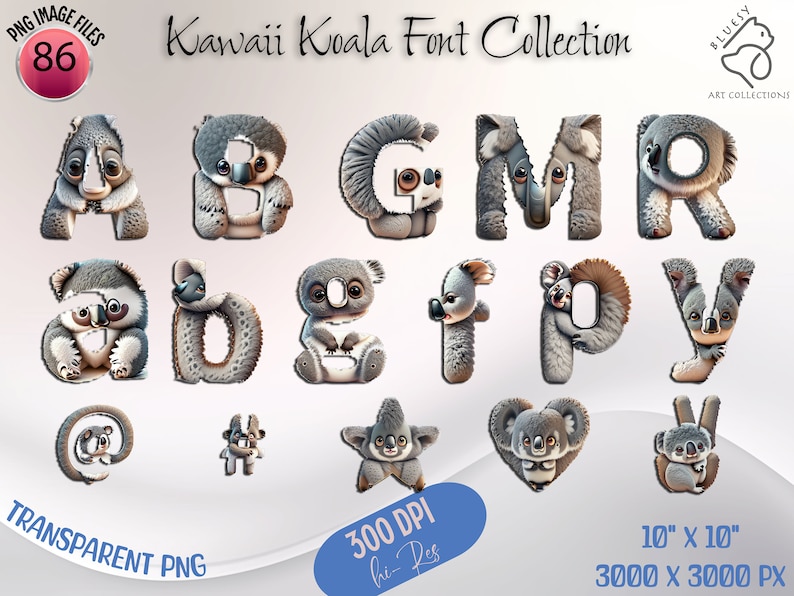 Kawaii Koala Font Bundle, Animal Alphabet Clipart, Animals PNG, Kids ...