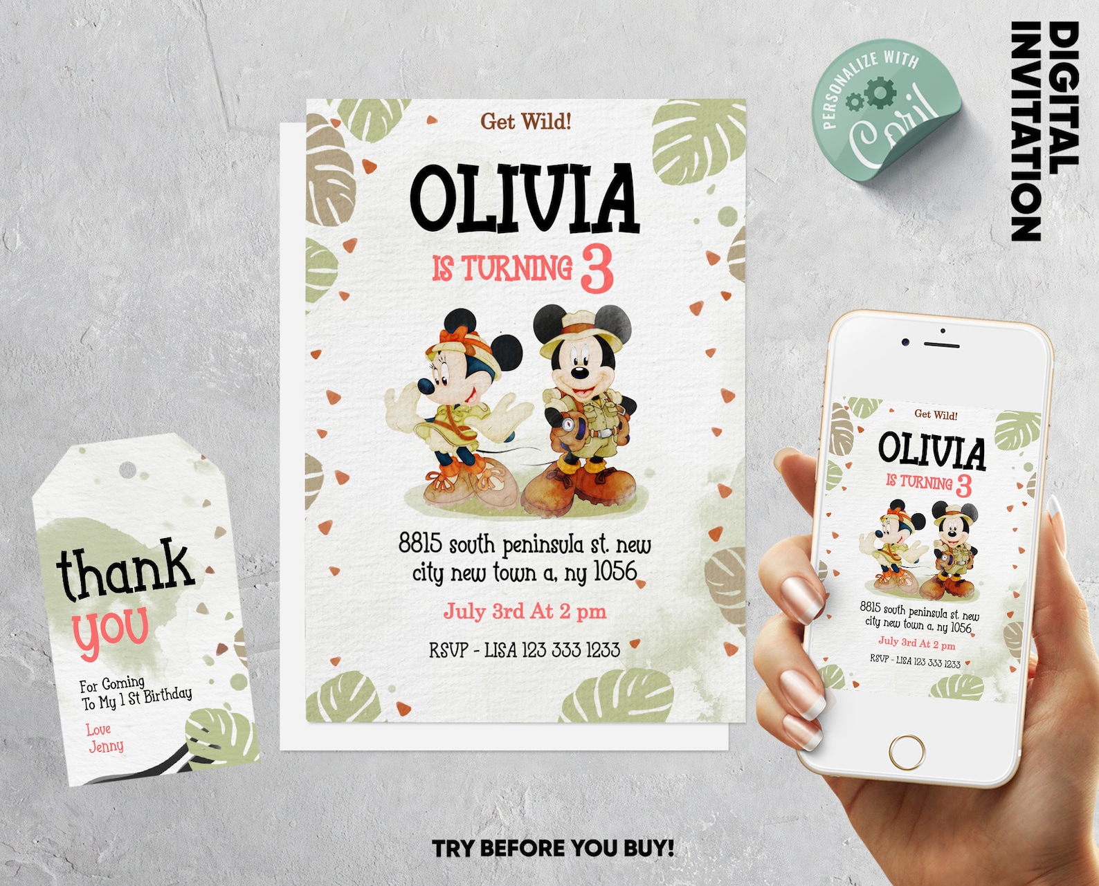 Mickey Mouse Safari Birthday Invitation INSTANT DOWNLOAD - Mickey Mouse ...