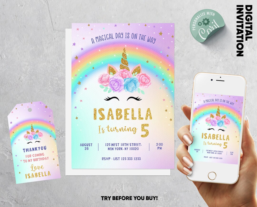 Editable Unicorn Rainbow Birthday Invitation Unicorns Rainbows Digital ...