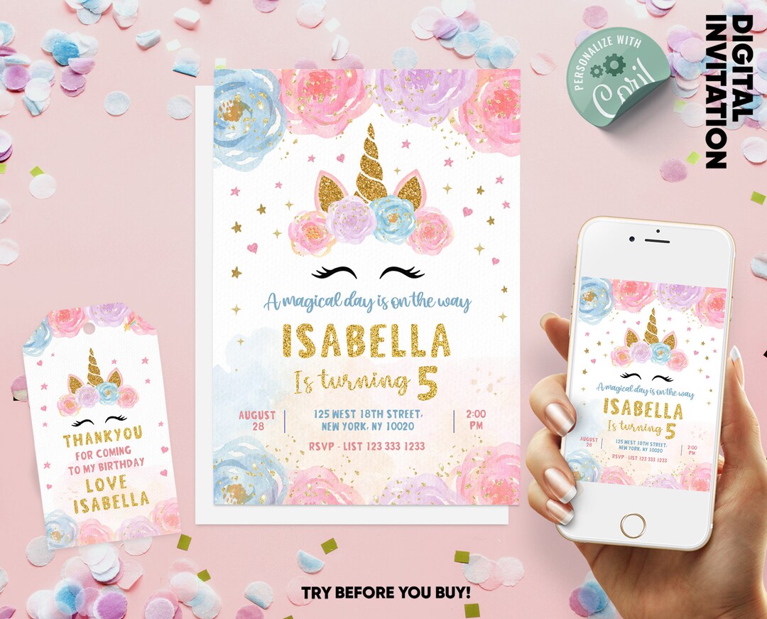 Editable Unicorn Rainbow Birthday Invitation Unicorns Rainbows Digital ...