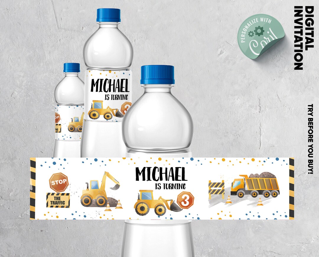 Construction Water Bottle Label Template, Construction Birthday Party ...
